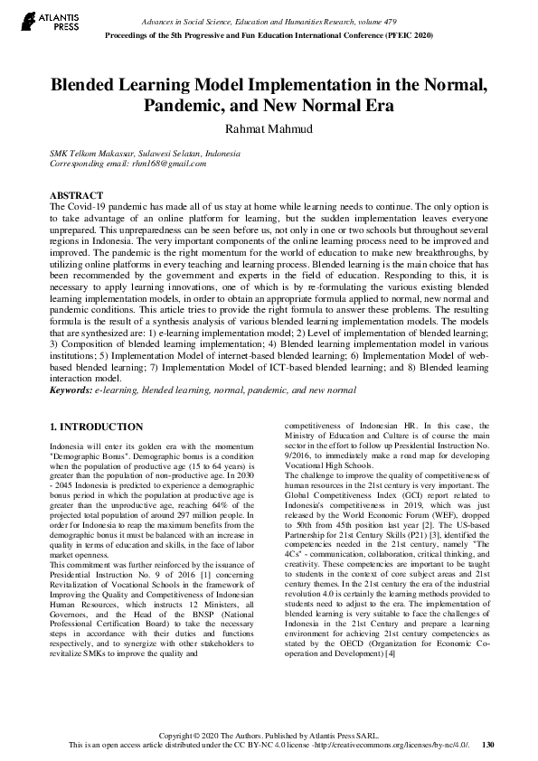 (PDF) Blended Learning Model Implementation in the Normal, Pandemic, and New Normal Era