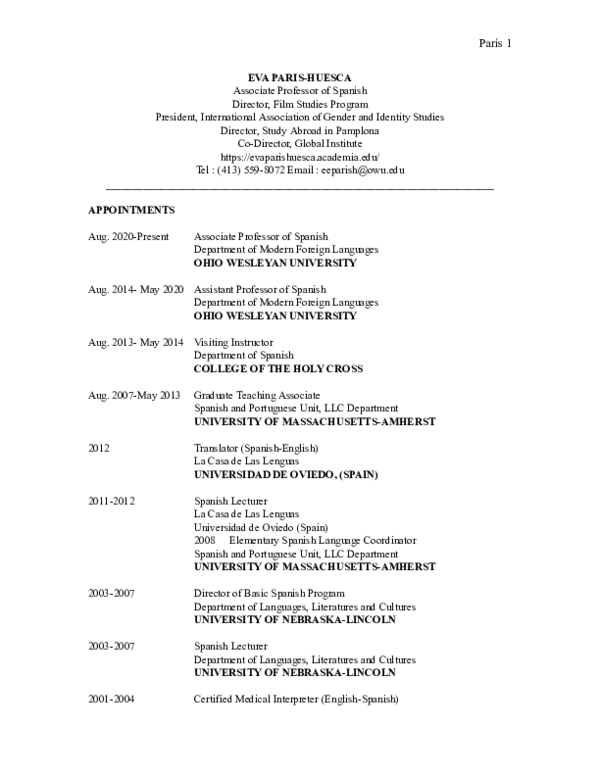 (PDF) Curriculum Vitae | Eva Paris-Huesca - Academia.edu