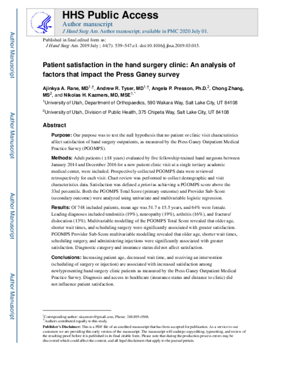 (PDF) Patient Satisfaction in the Hand Surgery Clinic: An Analysis of ...