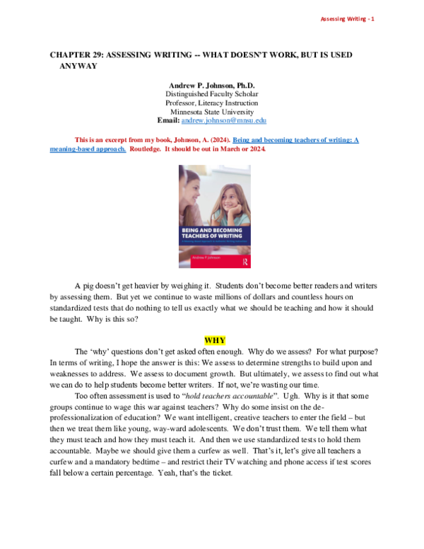 (PDF) ASSESSING WRITING -- WHAT DOESN’T WORK, BUT IS USED ANYWAY