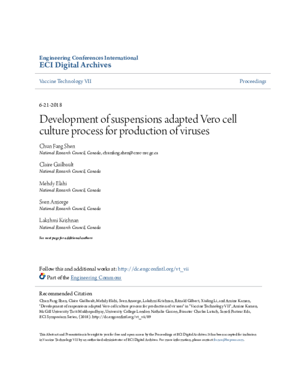 (PDF) Development of suspensions adapted Vero cell culture process for production of viruses