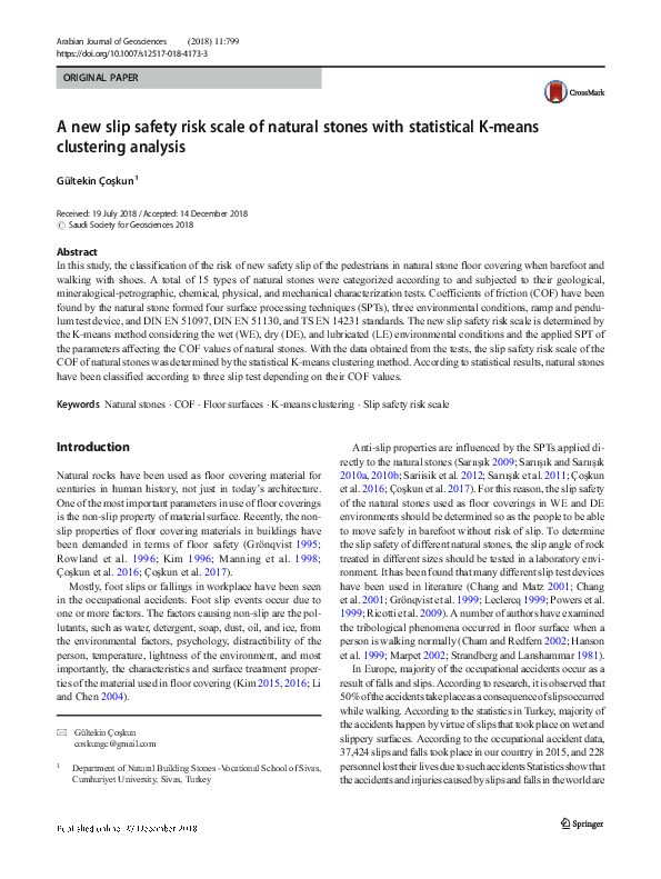 Pdf A New Slip Safety Risk Scale Of Natural Stones With Statistical K Means Clustering Analysis