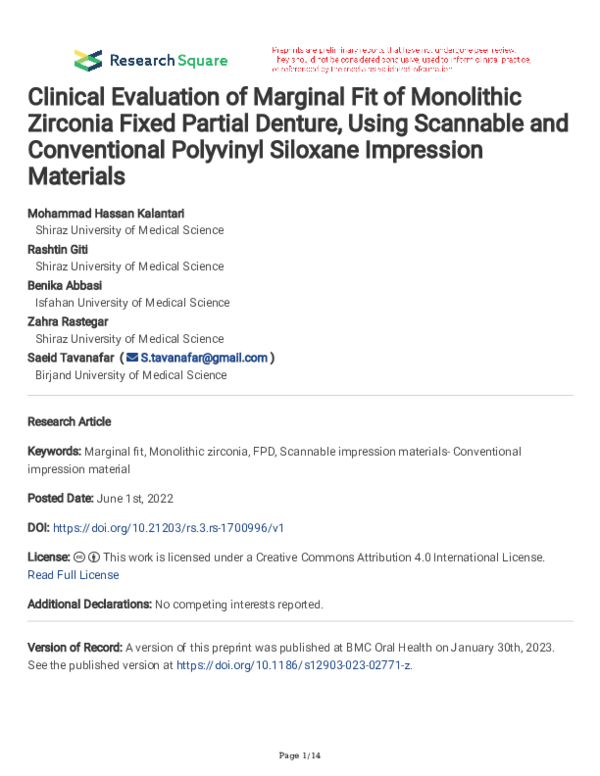 (PDF) Clinical Evaluation of Marginal Fit of Monolithic Zirconia Fixed ...