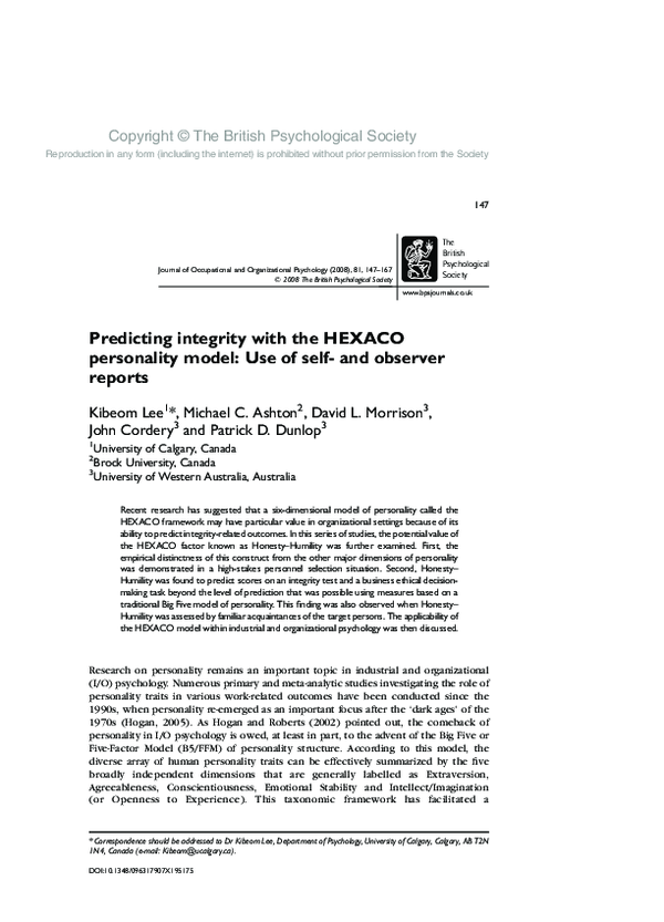 (PDF) Predicting integrity with the HEXACO personality model: Use of ...