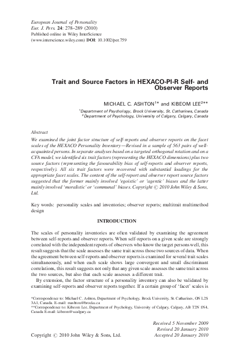 (PDF) Trait and source factors in HEXACO‐PI‐R self‐ and observer reports