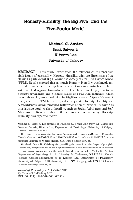 (PDF) Honesty-Humility, the Big Five, and the Five-Factor Model