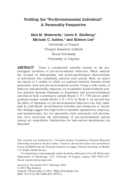 (PDF) Profiling the “Pro‐Environmental Individual”: A Personality Perspective