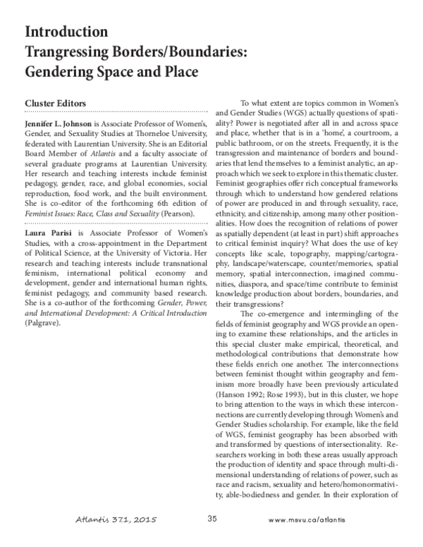 (PDF) Introduction: Transgressing Borders/Boundaries: Gendering Space and Place