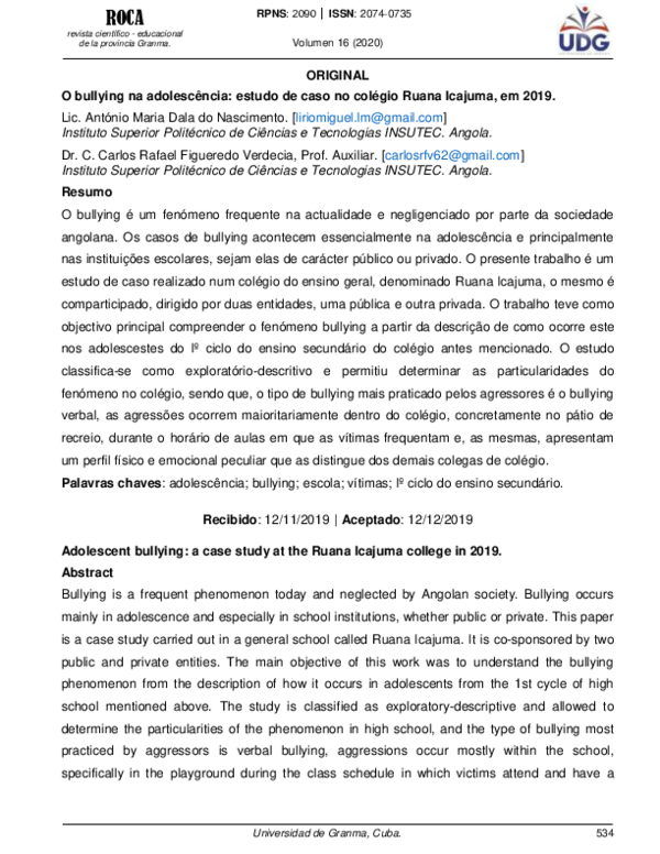 (PDF) Adolescent bullying: a case study at the Ruana Icajuma college in ...