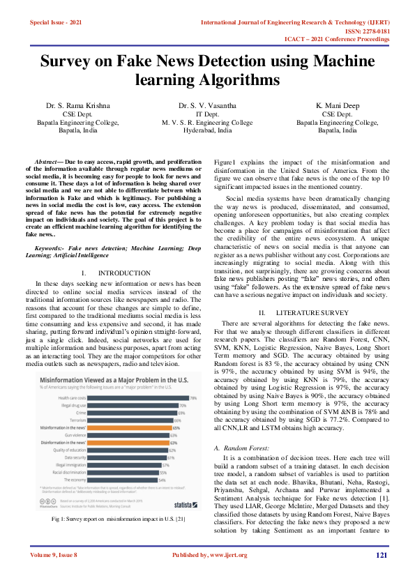 (PDF) Survey on Fake News Detection using Machine learning Algorithms