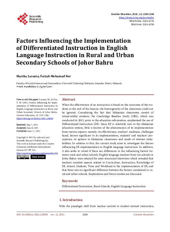 (PDF) Factors Influencing the Implementation of Differentiated Instruction in English Language ...