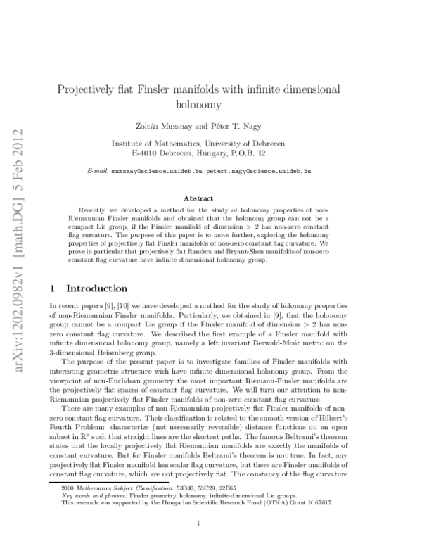 (PDF) Projectively flat Finsler manifolds with infinite dimensional ...
