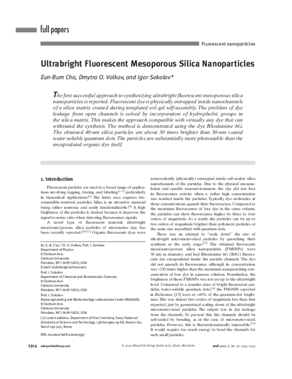 (PDF) Ultrabright Fluorescent Mesoporous Silica Nanoparticles | Eun-Bum Cho - Academia.edu
