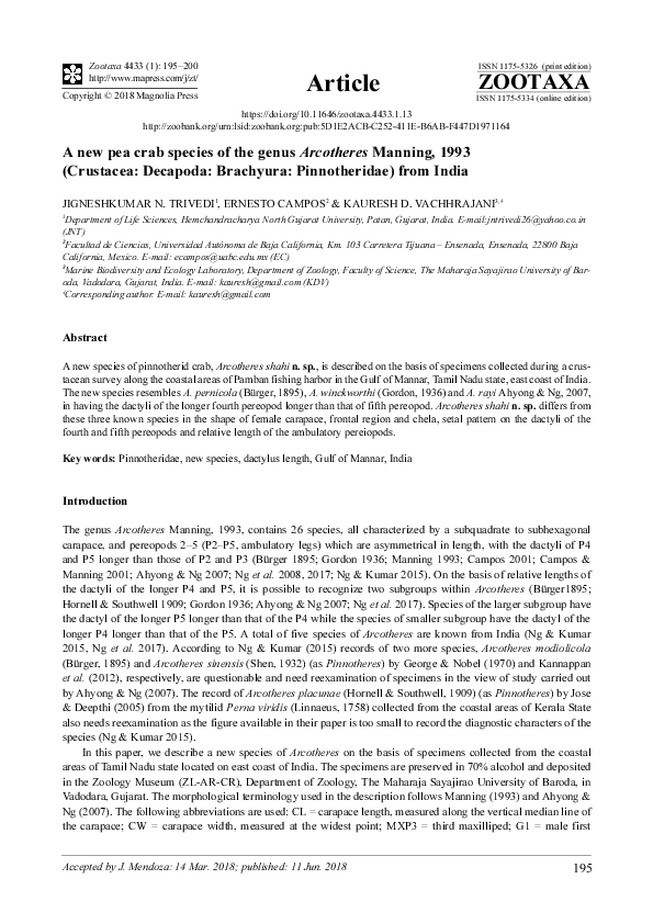 (PDF) A new pea crab species of the genus Arcotheres Manning, 1993 ...