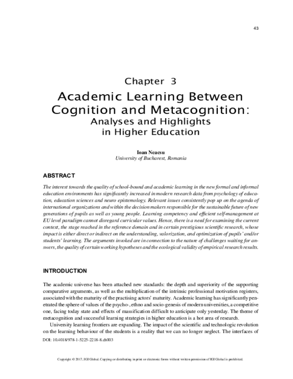 (PDF) Academic Learning Between Cognition and Metacognition