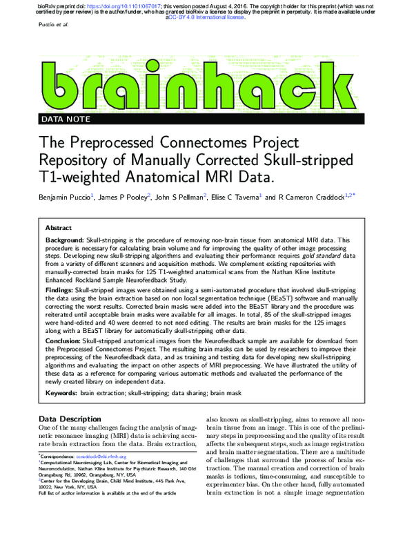 brainhack DATA NOTE The Preprocessed Connectomes Project Repository of Manually Corrected Skull ...