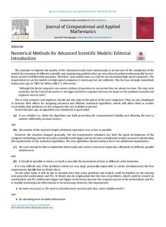(PDF) Numerical Methods for Advanced Scientific Models: Editorial Introduction
