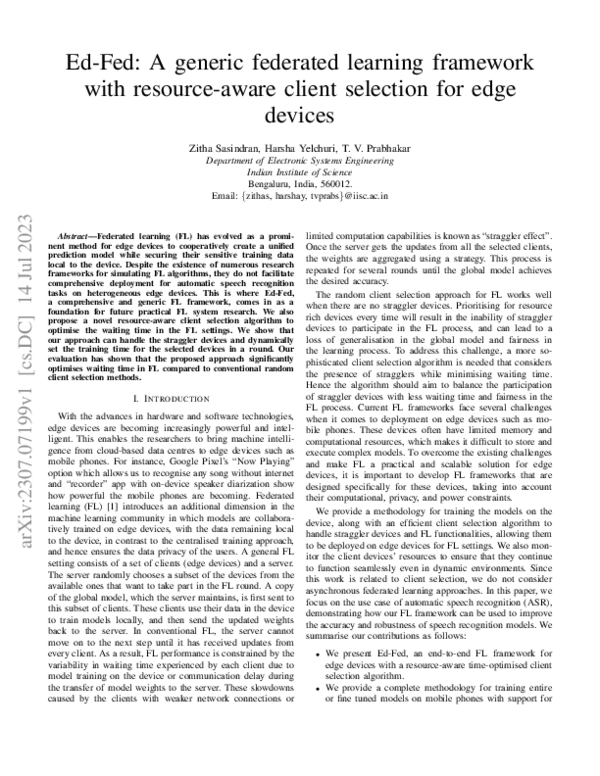 Pdf Ed Fed A Generic Federated Learning Framework With Resource Aware Client Selection For