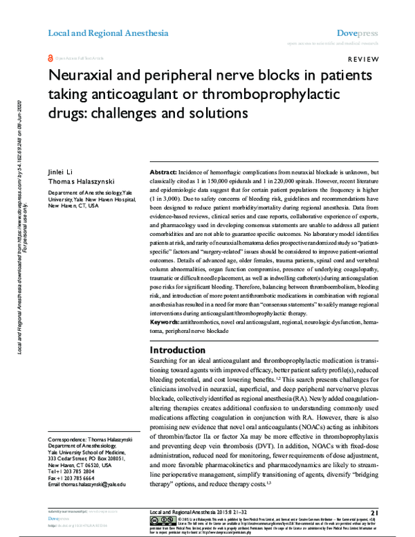 (PDF) Neuraxial and peripheral nerve blocks in patients taking ...
