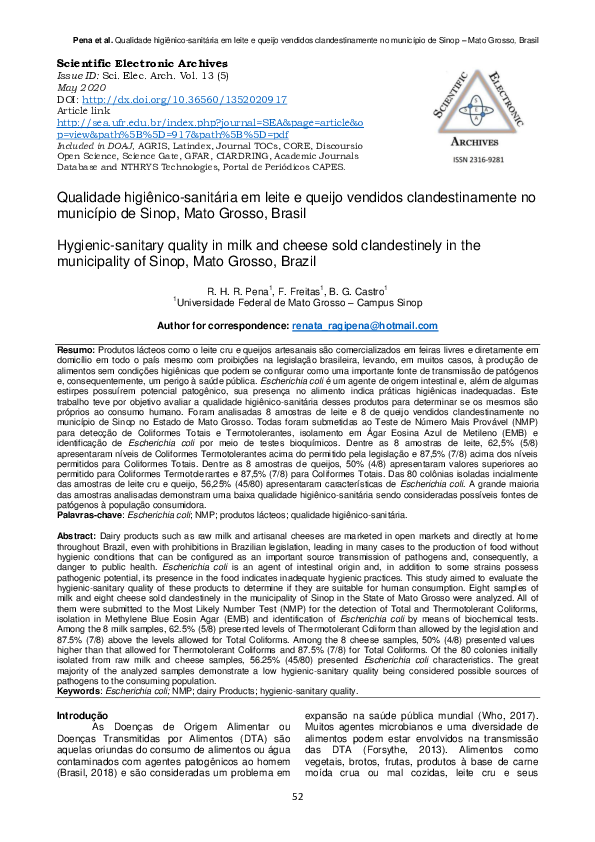 (PDF) Hygienic-sanitary quality in milk and cheese sold clandestinely ...