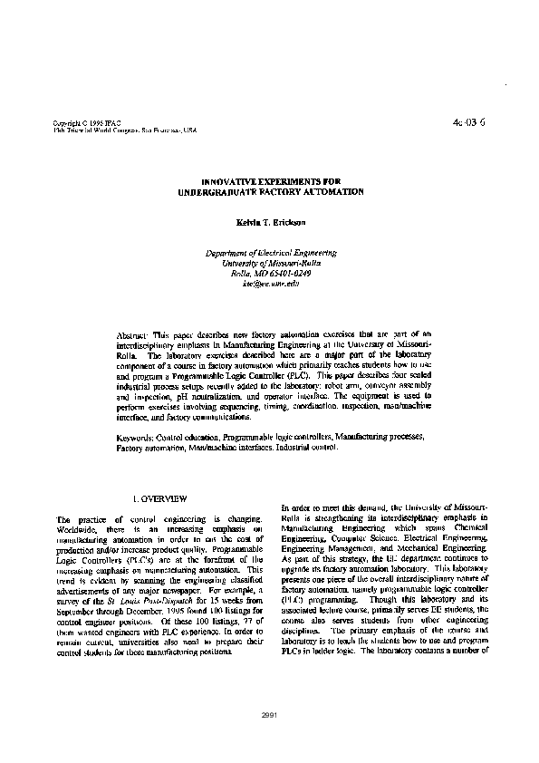 (PDF) Innovative Experiments for Undergraduate Factory Automation