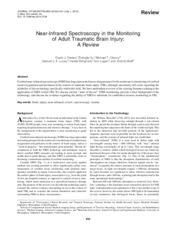 (PDF) Near-Infrared Spectroscopy in the Monitoring of Adult Traumatic Brain Injury: A Review