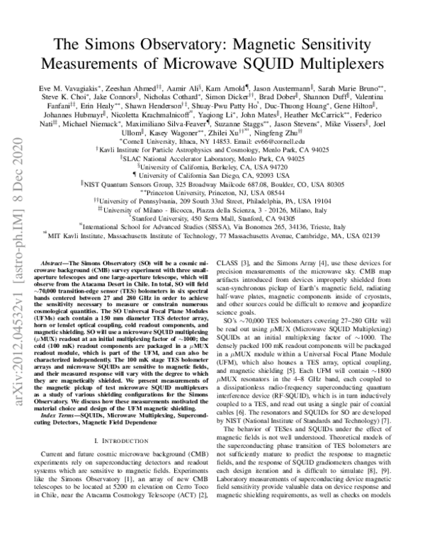 (PDF) The Simons Observatory: Magnetic Sensitivity Measurements of Microwave SQUID Multiplexers
