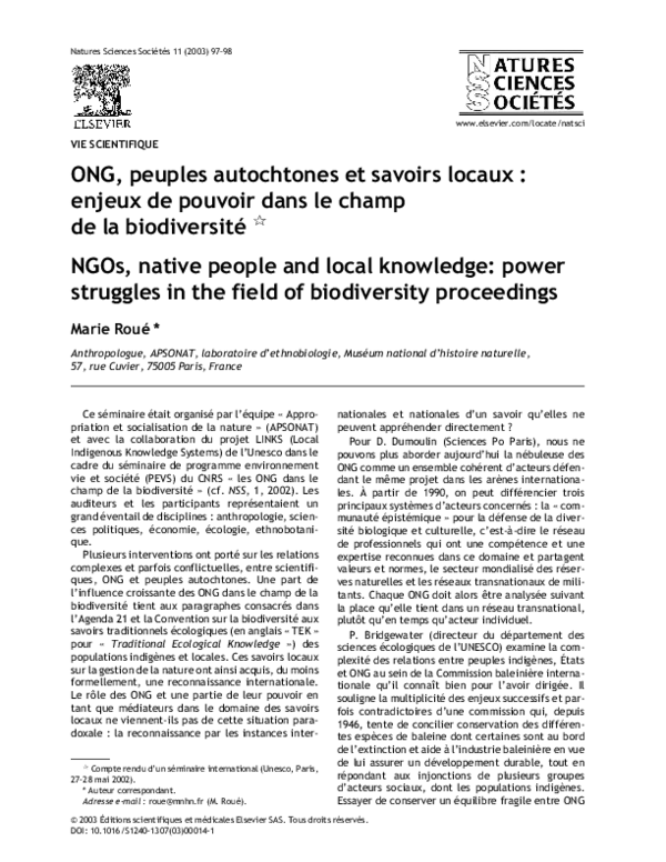 (PDF) ONG, peuples autochtones et savoirs locaux : enjeux de pouvoir dans le champ de la ...