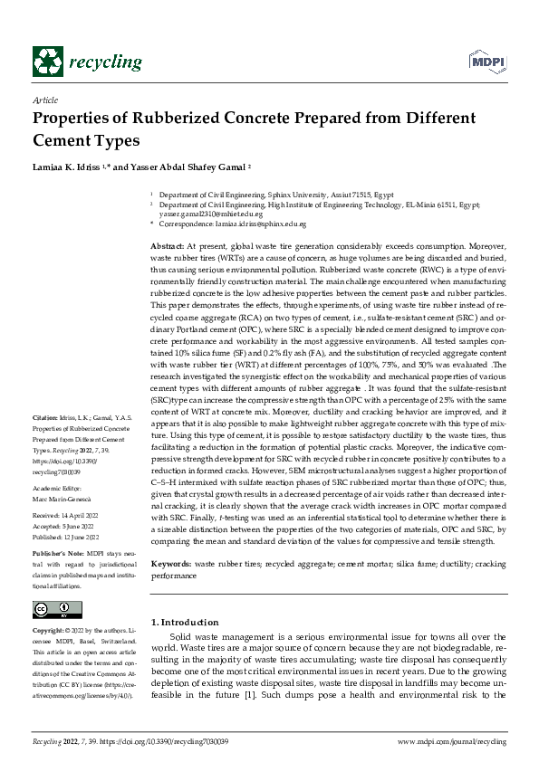 (PDF) Properties of Rubberized Concrete Prepared from Different Cement ...