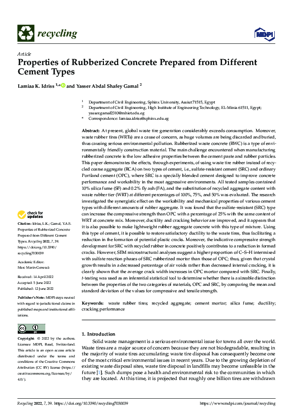 (PDF) Properties of Rubberized Concrete Prepared from Different Cement Types