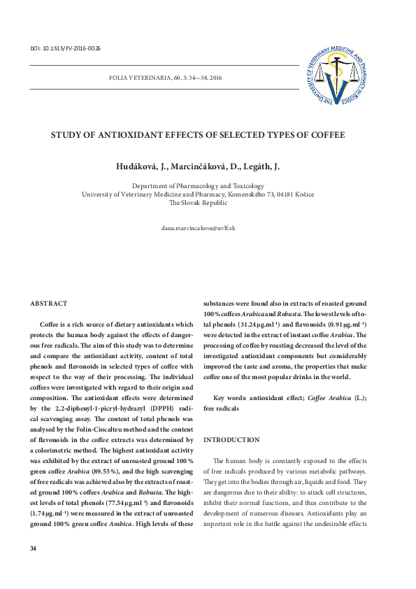 (PDF) Study of Antioxidant Effects of Selected Types of Coffee