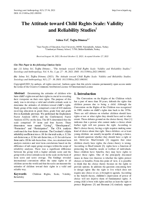 (PDF) The Attitude toward Child Rıghts Scale: Validity and Reliability Studies