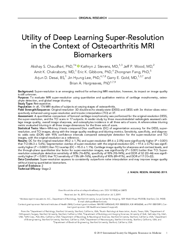 (PDF) Utility of deep learning super‐resolution in the context of osteoarthritis MRI biomarkers