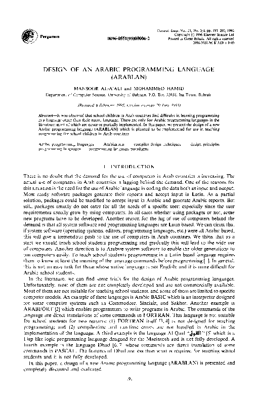 Pdf Design Of An Arabic Programming Language Arablan Mohammed Hamid 