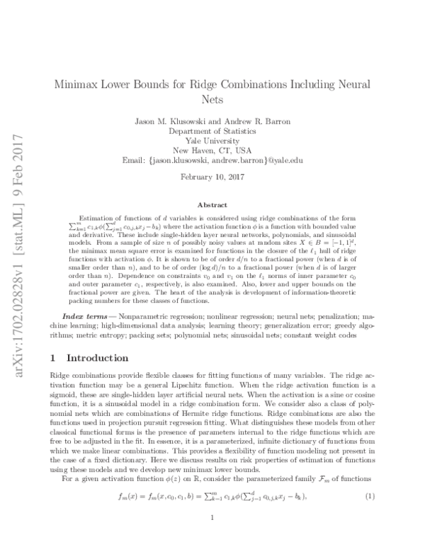 (PDF) Minimax lower bounds for ridge combinations including neural nets | Andrew Barron ...