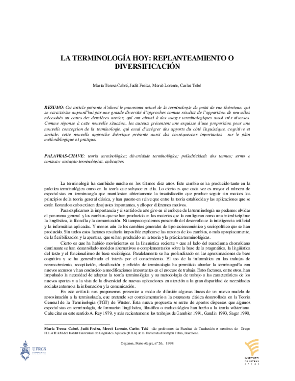 (PDF) La Terminología Hoy: Replanteamiento o diversificación