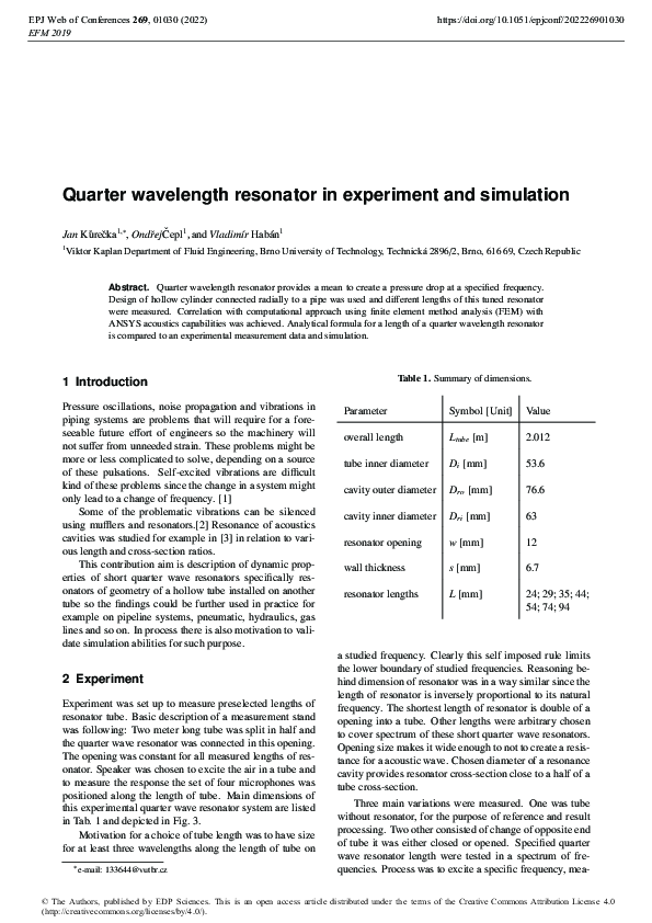 (PDF) Quarter wavelength resonator in experiment and simulation