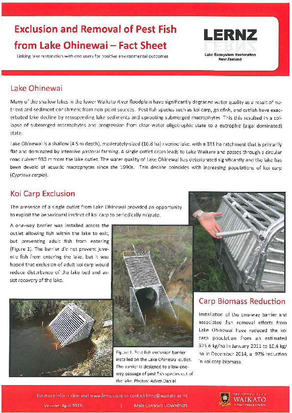 (PDF) Exclusion and removal of pest fish from Lake Ohinewai – fact sheet