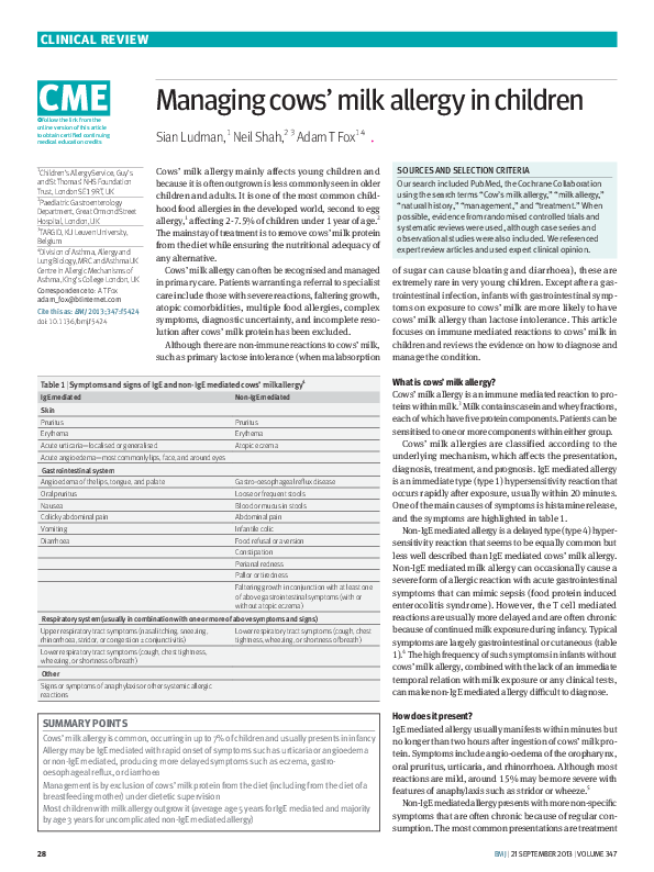 (PDF) Managing cows' milk allergy in children