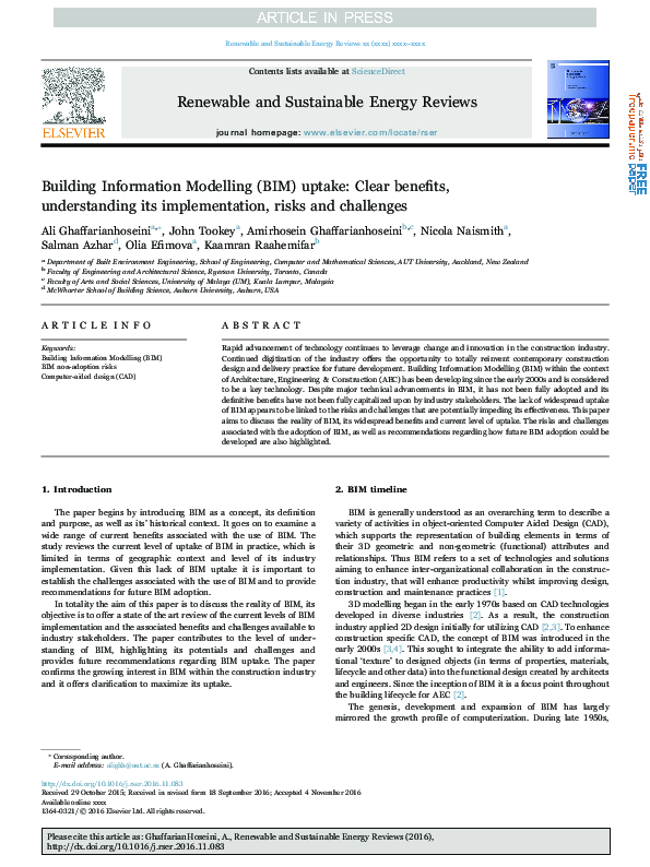(PDF) Building Information Modelling (BIM) uptake: Clear benefits, understanding its ...