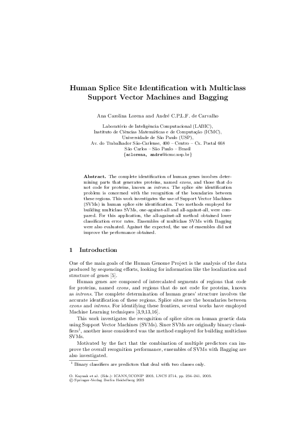 (PDF) Human Splice Site Identification with Multiclass Support Vector ...