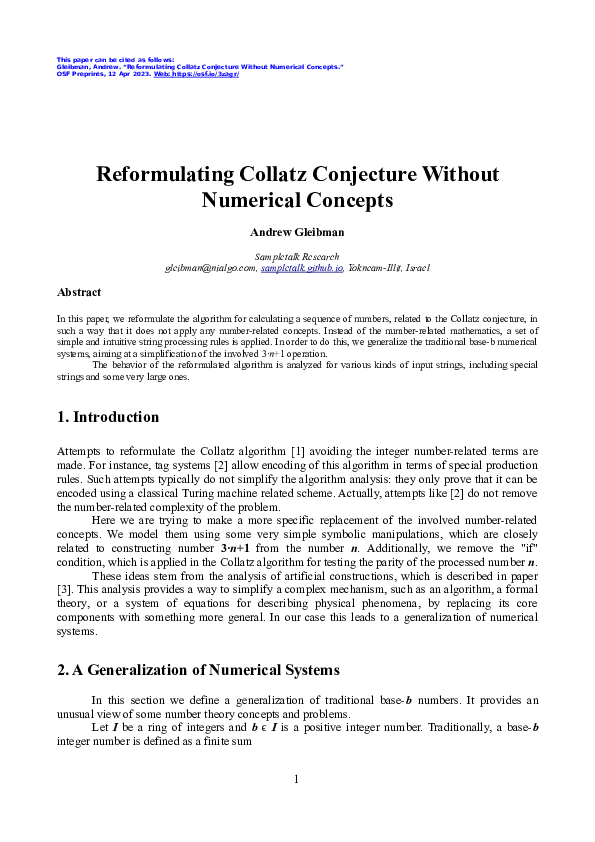 (PDF) Reformulating Collatz Conjecture Without Numerical Concepts
