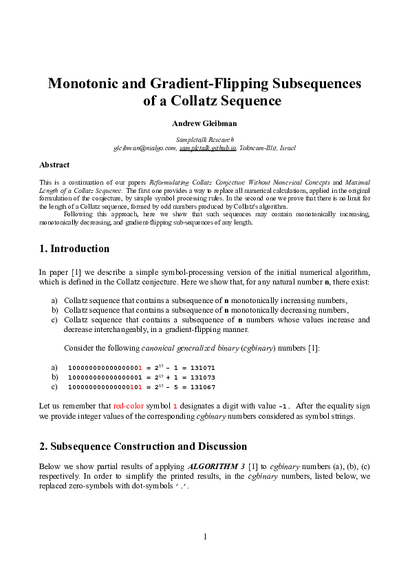 (PDF) Monotonic and Gradient-Flipping Subsequences of a Collatz Sequence
