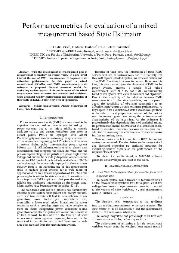 Pdf Performance Metrics For Evaluation Of A Mixed Measurement Based State Estimator