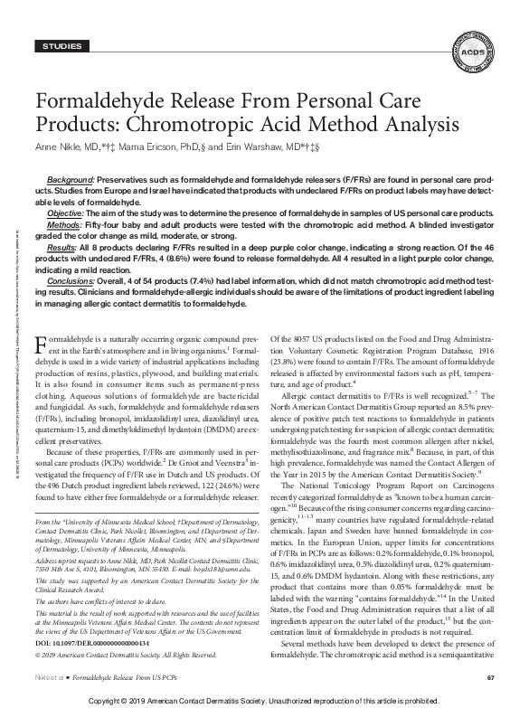 (PDF) Formaldehyde Release From Personal Care Products: Chromotropic ...
