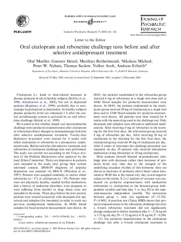 (PDF) Oral citalopram and reboxetine challenge tests before and after ...