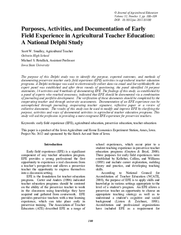 (PDF) Purposes, Activities, and Documentation of Early Field Experience in Agricultural Teacher ...