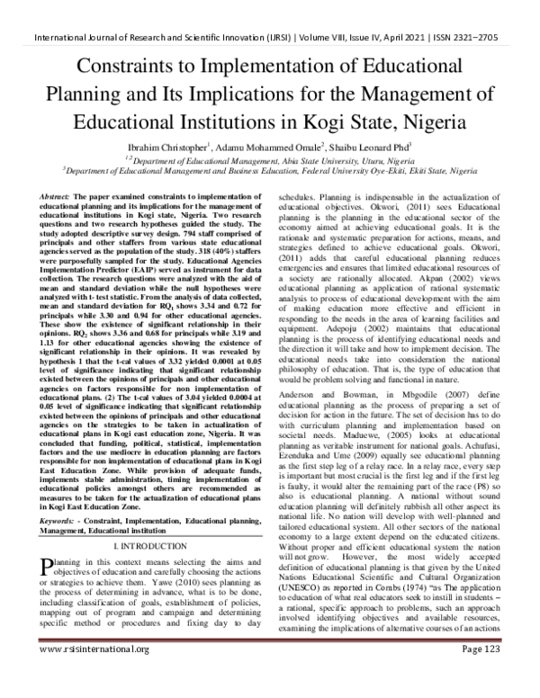(PDF) Constraints to Implementation of Educational Planning and Its Implications for the ...