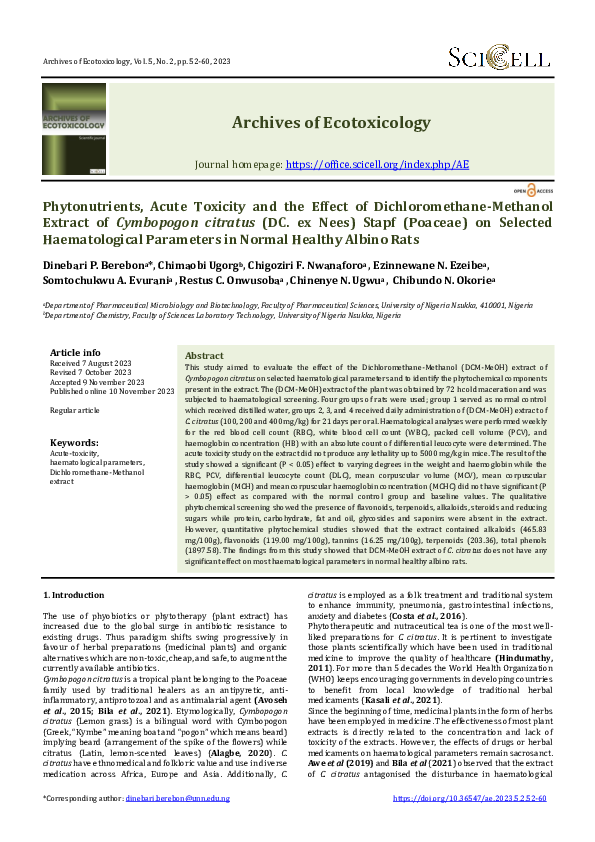 (PDF) Phytonutrients, Acute Toxicity and the Effect of Dichloromethane ...