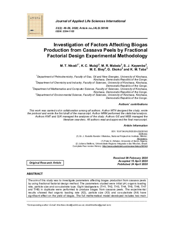 (PDF) Investigation of Factors Affecting Biogas Production from Cassava ...